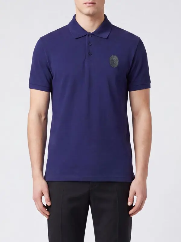 Versace Short-sleeved Piqué Cotton Polo Shirt With Medusa Logo Patch - Navy