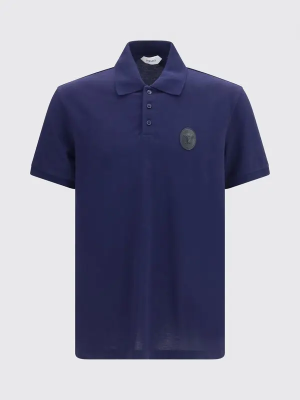 Versace Short-sleeved Piqué Cotton Polo Shirt With Medusa Logo Patch - Navy