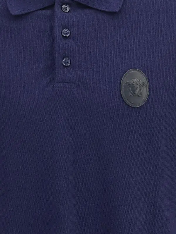 Versace Short-sleeved Piqué Cotton Polo Shirt With Medusa Logo Patch - Navy