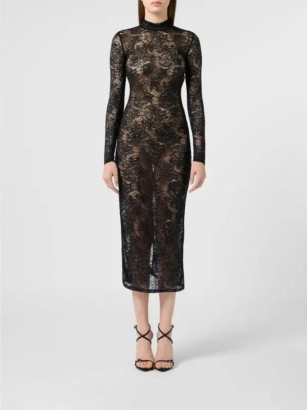 Philipp Plein Midi Evening Dress In Lace With Crystals And A Mock Neck - Black