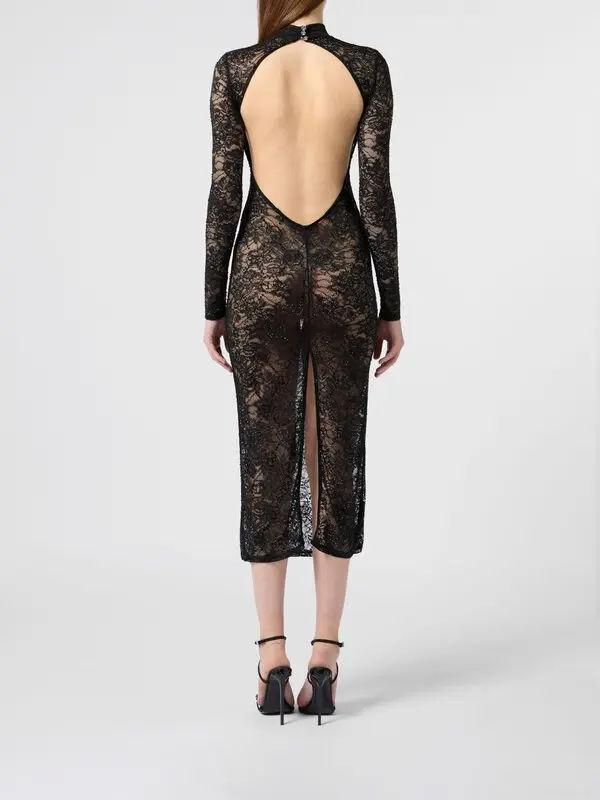 Philipp Plein Midi Evening Dress In Lace With Crystals And A Mock Neck