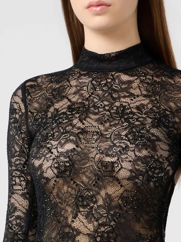 Philipp Plein Midi Evening Dress In Lace With Crystals And A Mock Neck