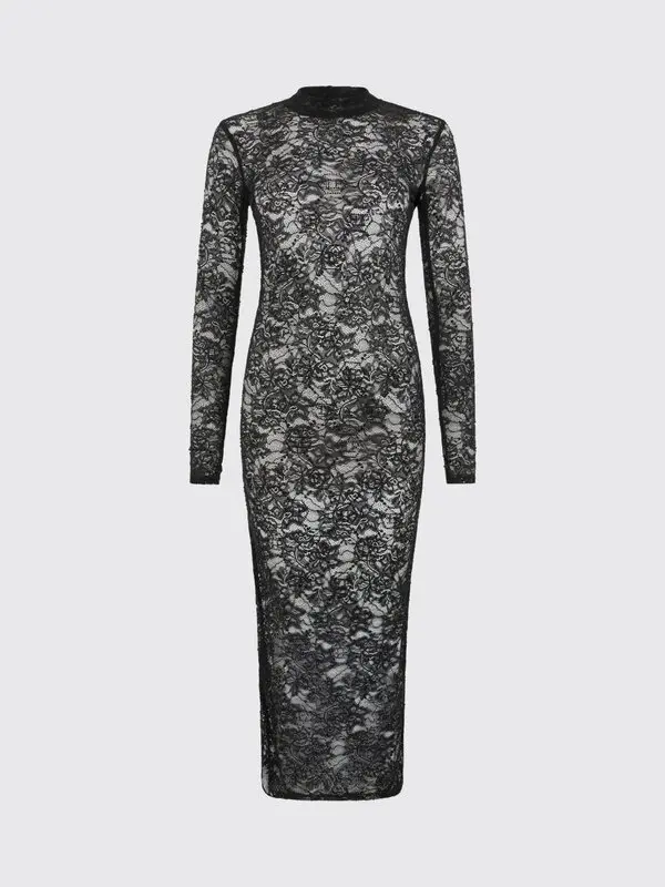Philipp Plein Midi Evening Dress In Lace With Crystals And A Mock Neck