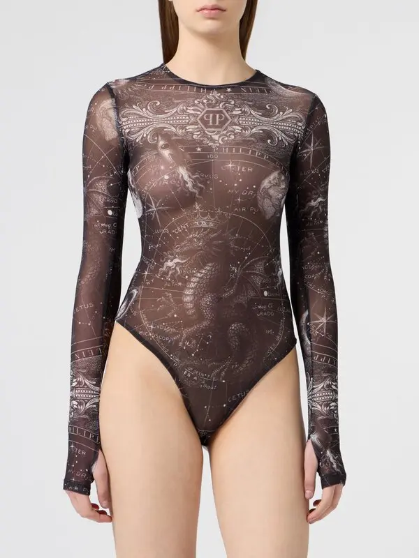 Philipp Plein Slim Fit Long-sleeved Graphic Print Jersey Bodysuit - Black