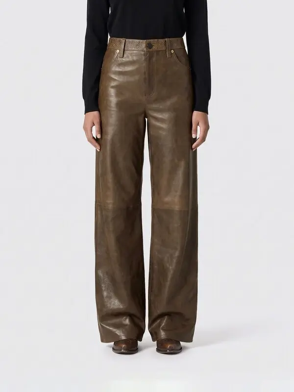 GOLDEN GOOSE High-waisted Wide-leg Leather Trousers With Floral Pattern - Mud
