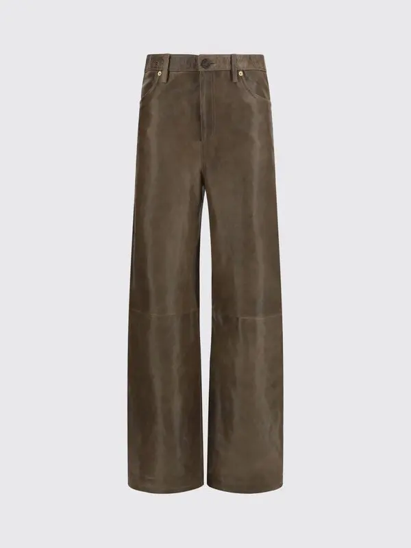 GOLDEN GOOSE High-waisted Wide-leg Leather Trousers With Floral Pattern - Mud