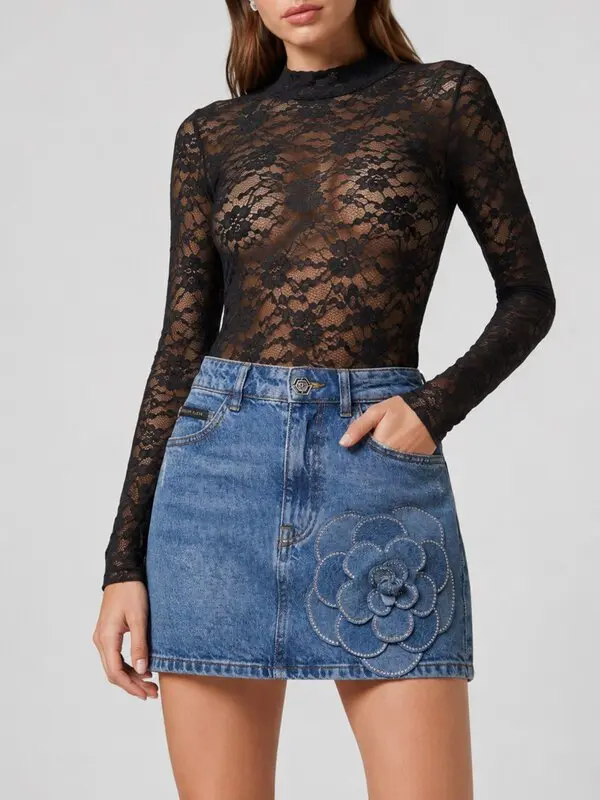 Philipp Plein High-waisted Mini Skirt With Rhinestones And Flower Appliqu