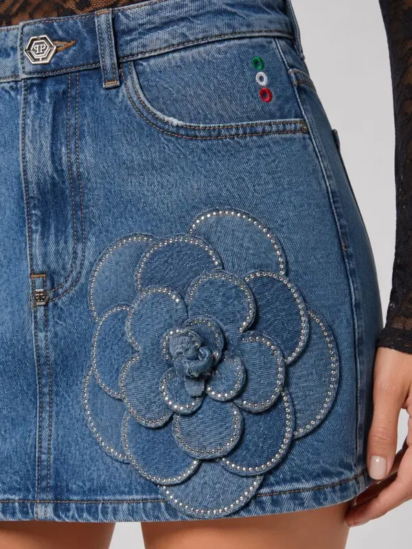 Philipp Plein High-waisted Mini Skirt With Rhinestones And Flower Appliqu