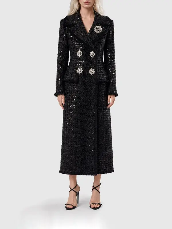 Philipp Plein Long Double-breasted Tweed Coat With Sequin Embroidery