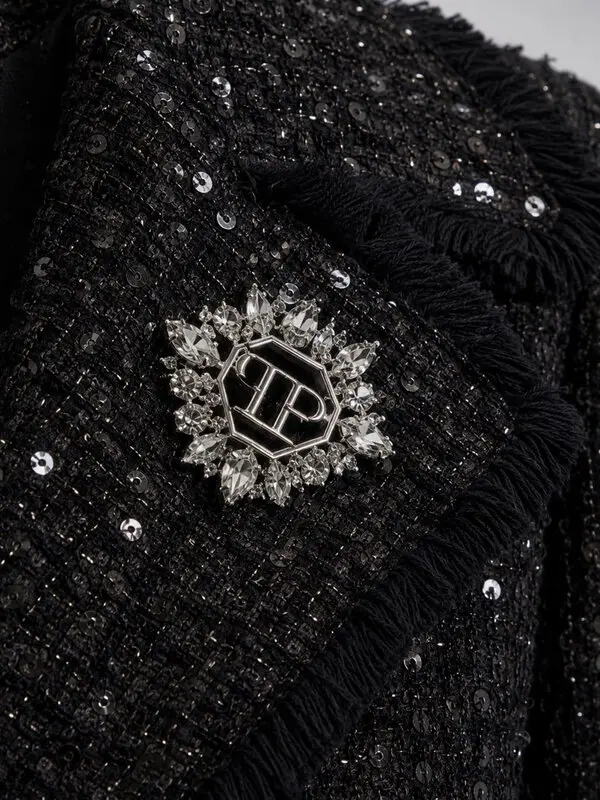 Philipp Plein Long Double-breasted Tweed Coat With Sequin Embroidery