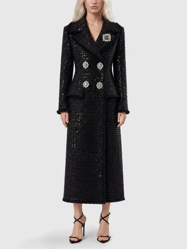 Philipp Plein Long Double-breasted Tweed Coat With Sequin Embroidery
