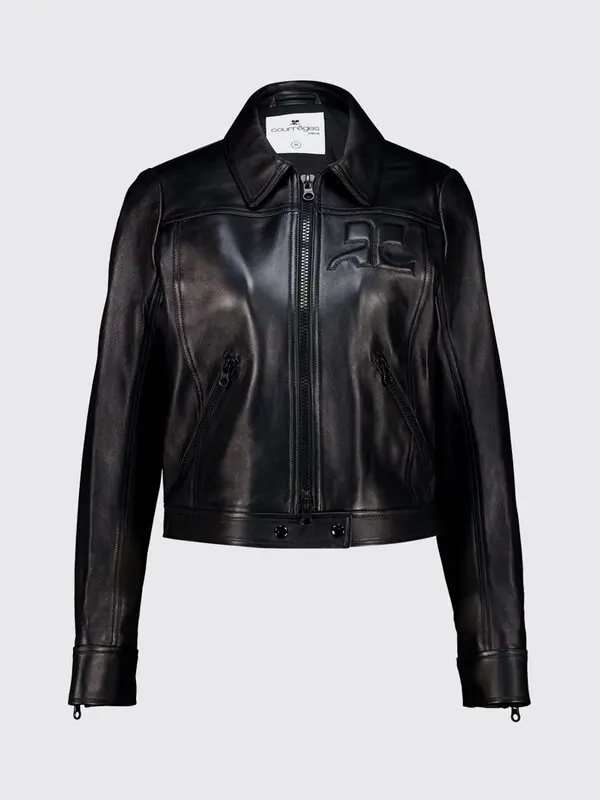 COURREGES Cropped Smooth Lambskin Biker Jacket With Monogram Logo