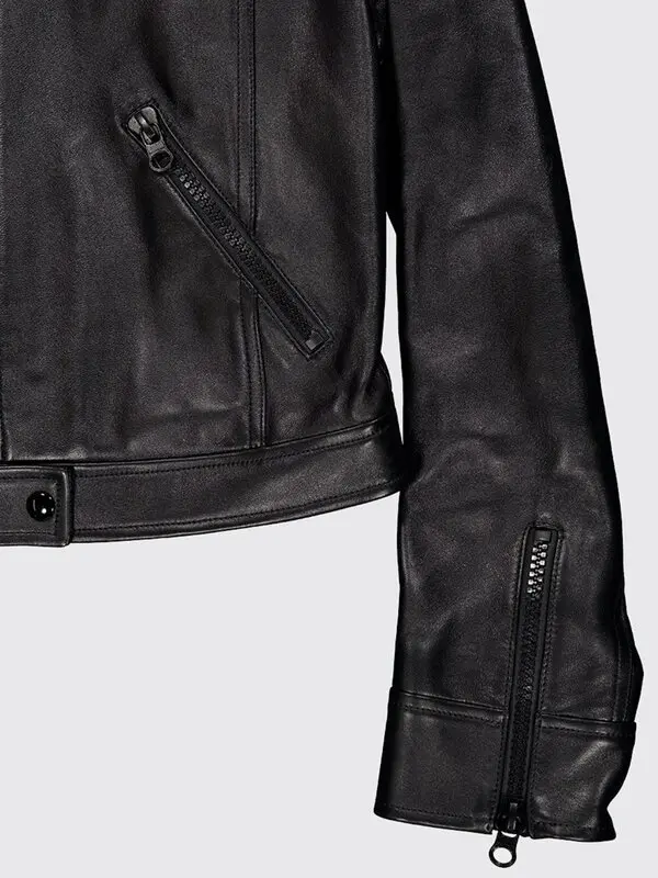 COURREGES Cropped Smooth Lambskin Biker Jacket With Monogram Logo
