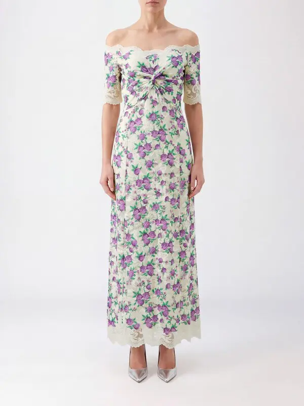Rabanne Floral Print Long Dress With Lace Inserts On The Neckline
