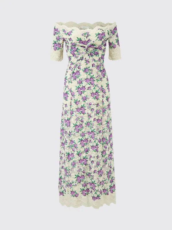 Rabanne Floral Print Long Dress With Lace Inserts On The Neckline