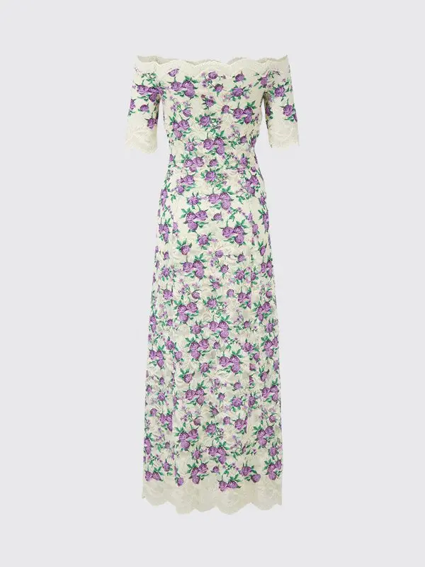 Rabanne Floral Print Long Dress With Lace Inserts On The Neckline