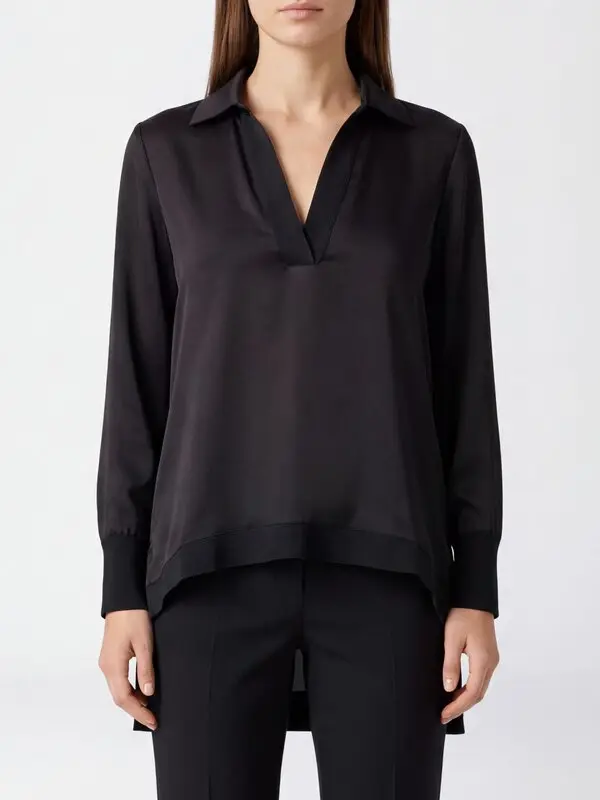 PAULA Classic Collar V-neck Blouse In Matte Silk Satin With Long Sleeves - Black