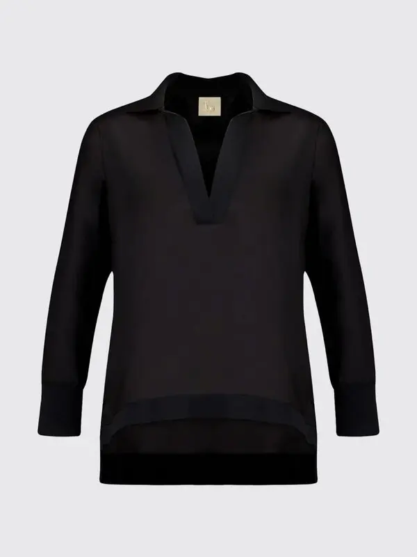PAULA Classic Collar V-neck Blouse In Matte Silk Satin With Long Sleeves - Black