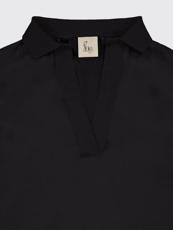 PAULA Classic Collar V-neck Blouse In Matte Silk Satin With Long Sleeves - Black