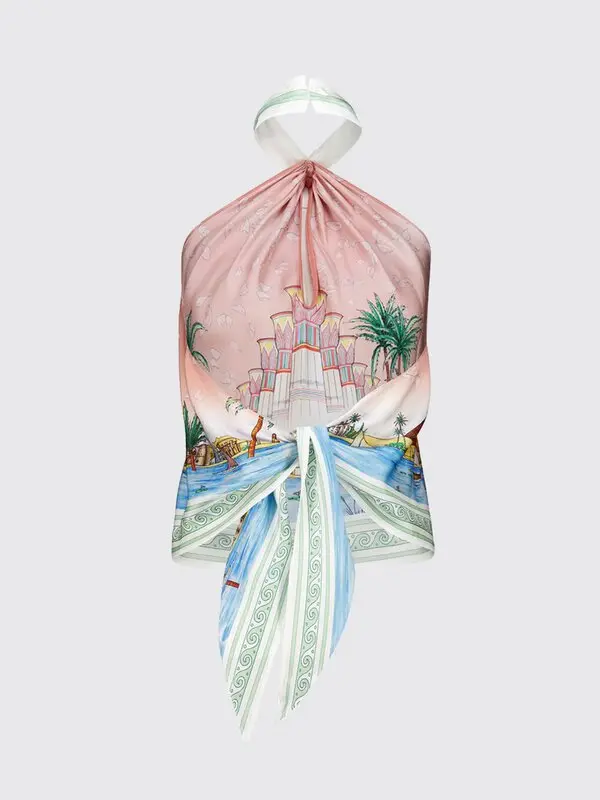 Casablanca Printed Pure Silk Halter Top With Open Back