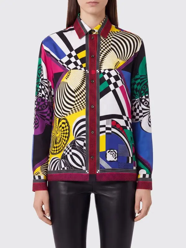 Versace Optical Print Pure Silk Shirt With French Collar - Multicolor