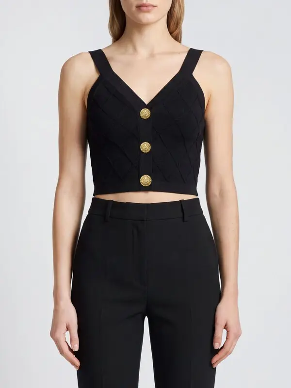 Balmain Cropped Knit Top With V-neck And Decorative Buttons