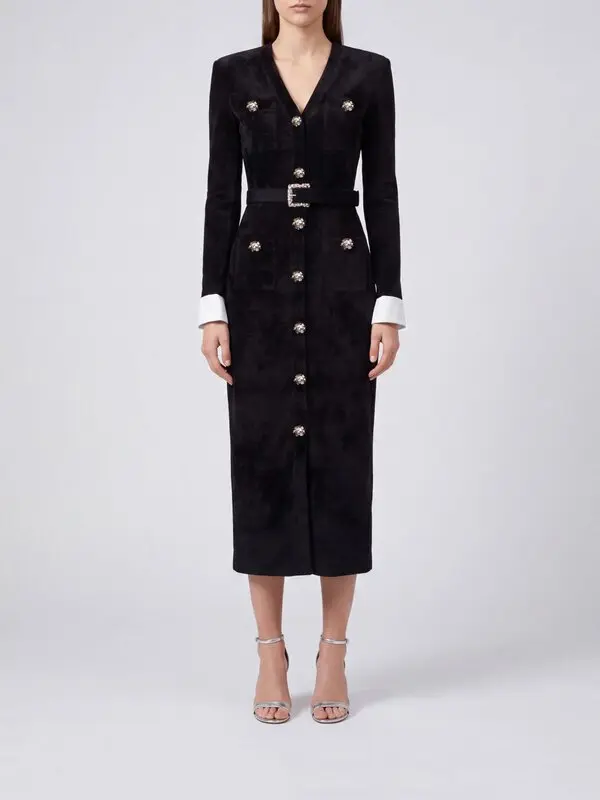 SELF-PORTRAIT Velvet Midi Sheath Dress With Jewel Buttons And Padded Shoulders - Black