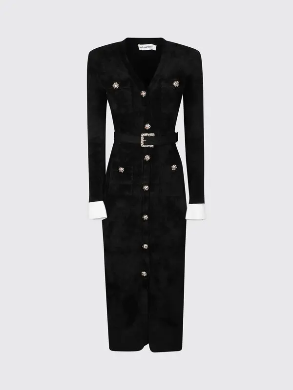 SELF-PORTRAIT Velvet Midi Sheath Dress With Jewel Buttons And Padded Shoulders
