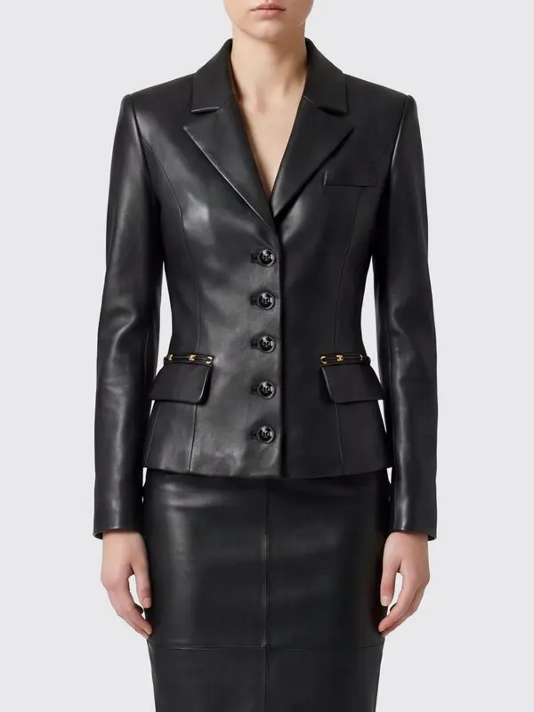 Elisabetta Franchi Slim Fit Leather Blazer With Peak Lapels - Black