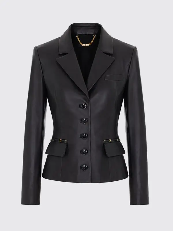 Elisabetta Franchi Slim Fit Leather Blazer With Peak Lapels