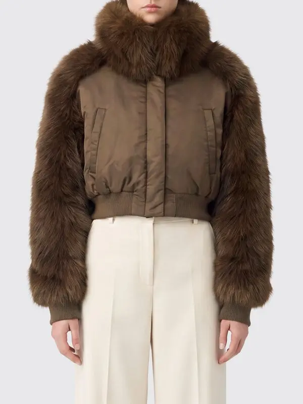 Pinko Cropped Bomber Jacket In Nylon And Satin With Faux Fur Inserts - Brown