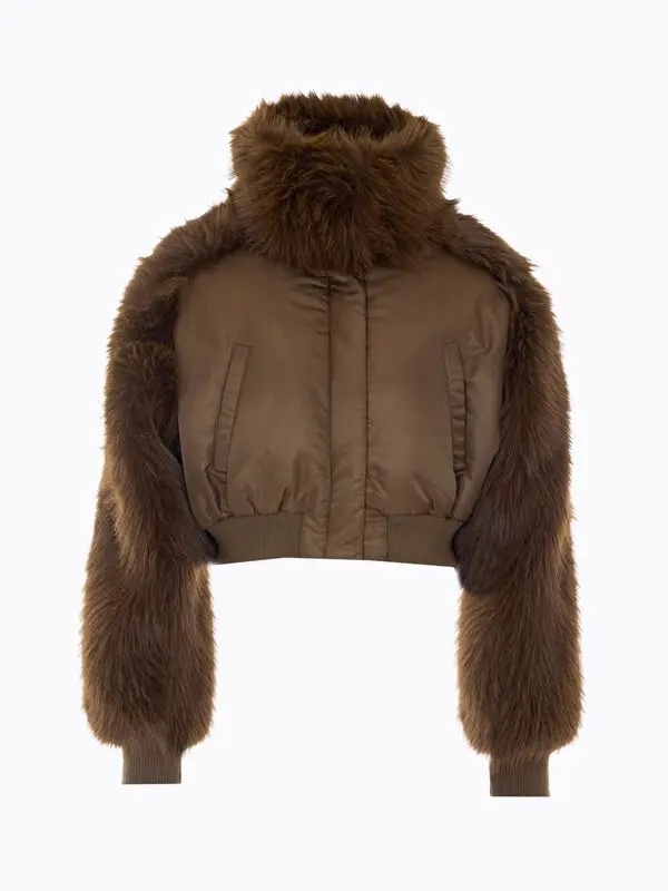 Pinko Cropped Bomber Jacket In Nylon And Satin With Faux Fur Inserts - Brown