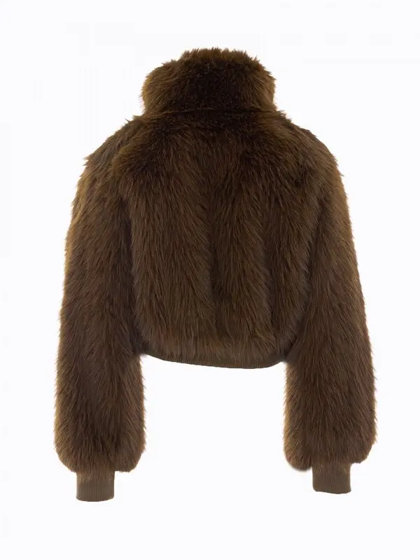 Pinko Cropped Bomber Jacket In Nylon And Satin With Faux Fur Inserts - Brown