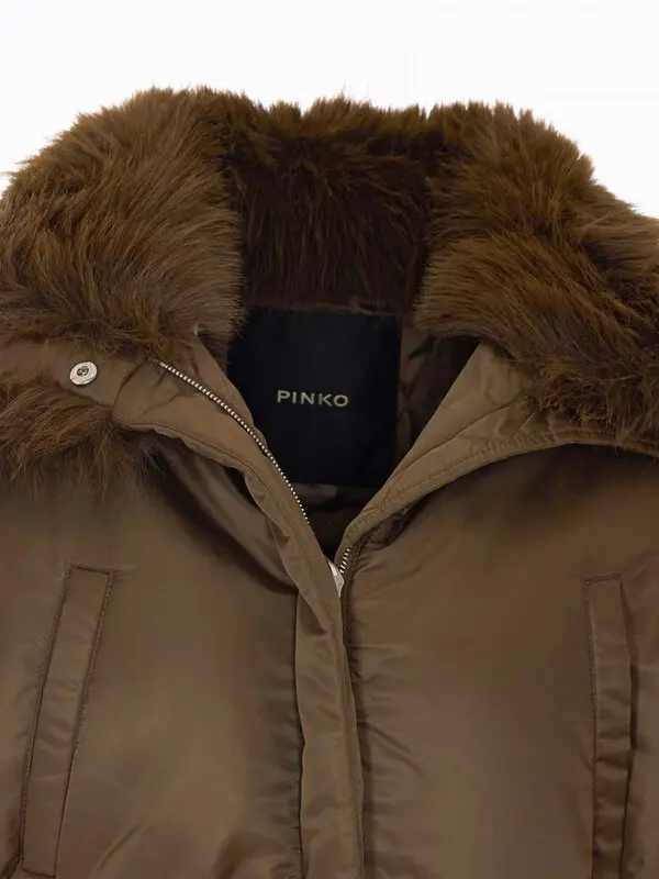 Pinko Cropped Bomber Jacket In Nylon And Satin With Faux Fur Inserts - Brown
