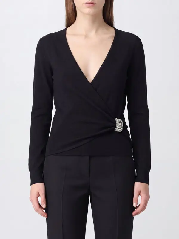 Valentino Garavani Slim Fit Virgin Wool Long-sleeved Top With Jewelled Brooch - Black