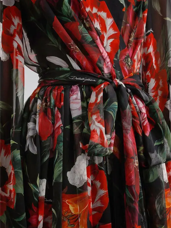 Dolce & Gabbana Floral Midi Silk Dress With Balloon Sleeves