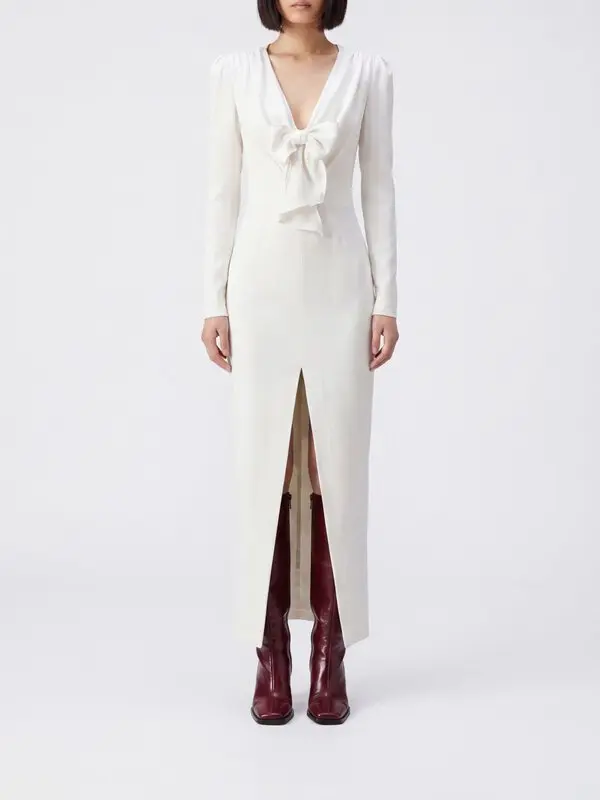 Alessandra Rich Crêpe Sheath Midi Dress With Bow And Front Slit