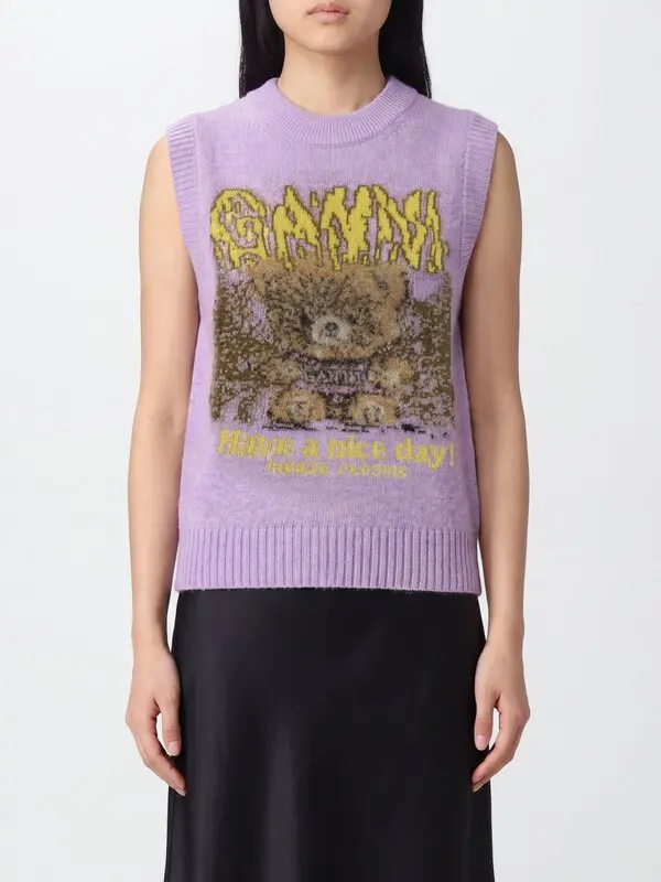 GANNI Teddy Bear Print Slim Fit Wool Blend Knit Vest With Jacquard Logo - Lilac