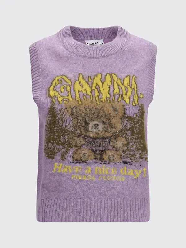 GANNI Teddy Bear Print Slim Fit Wool Blend Knit Vest With Jacquard Logo - Lilac