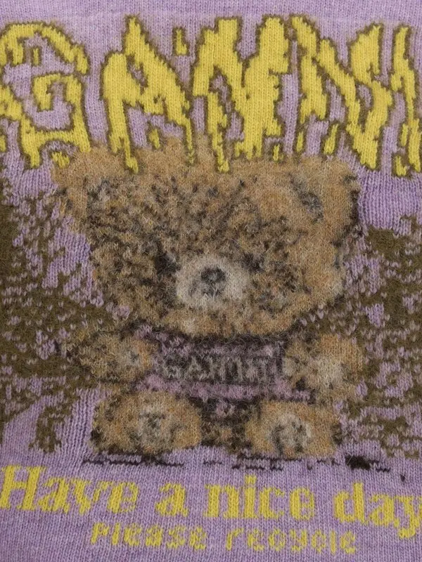 GANNI Teddy Bear Print Slim Fit Wool Blend Knit Vest With Jacquard Logo - Lilac