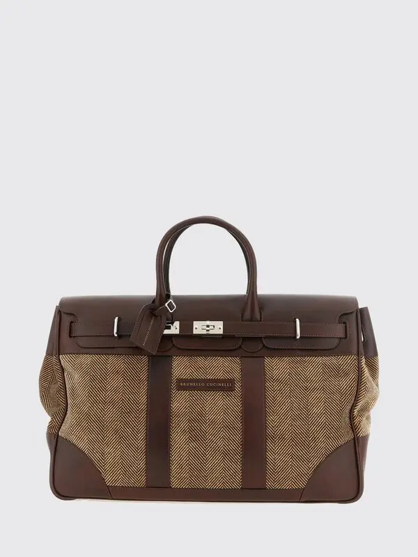 Brunello Cucinelli Chevron Pattern Canvas Travel Bag With Leather Details - Brown