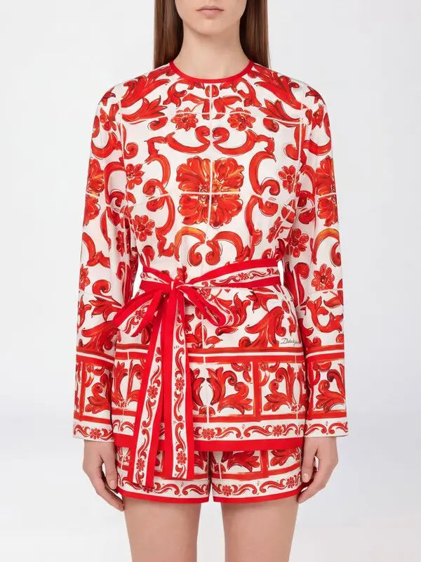 Dolce & Gabbana Majolica Print Silk Blouse With A Tie-waist Detail