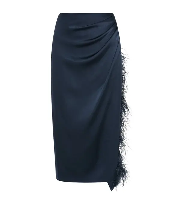 Marella Satin Feather-trim Pencil Skirt - Navy