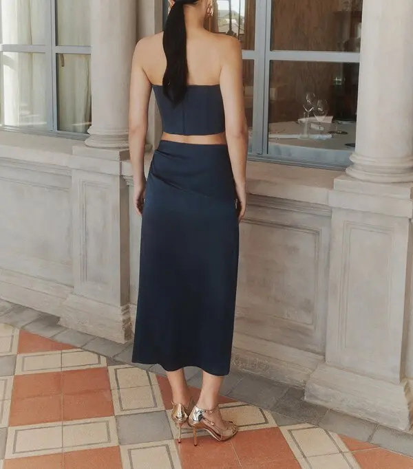 Marella Satin Feather-trim Pencil Skirt - Navy