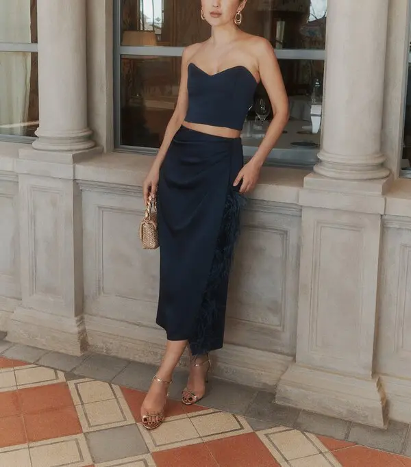 Marella Satin Feather-trim Pencil Skirt - Navy