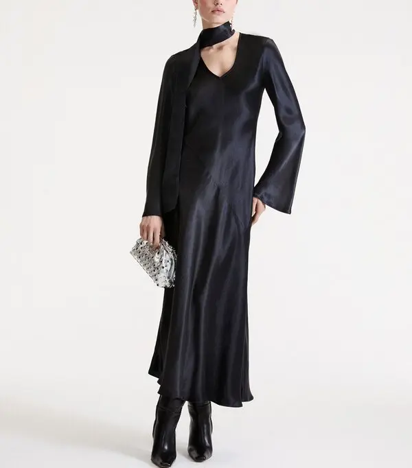 Marella Satin V-neck Maxi Dress - Navy