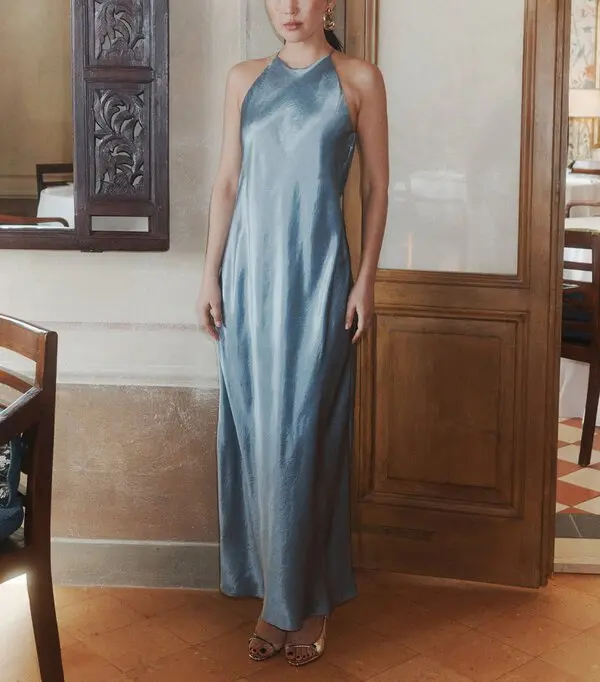 Marella Satin Halterneck Maxi Dress - Blue