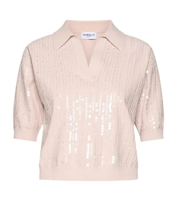 Marella Sequinned Polo Sweater - Pink