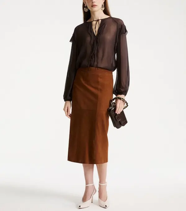Marella Suede Panelled Skirt - Brown