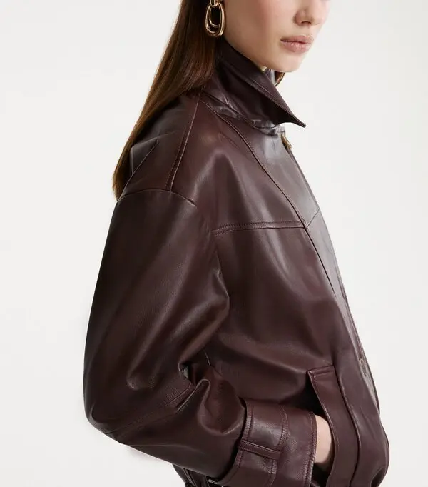 Marella Leather Bomber Jacket - Burgundy